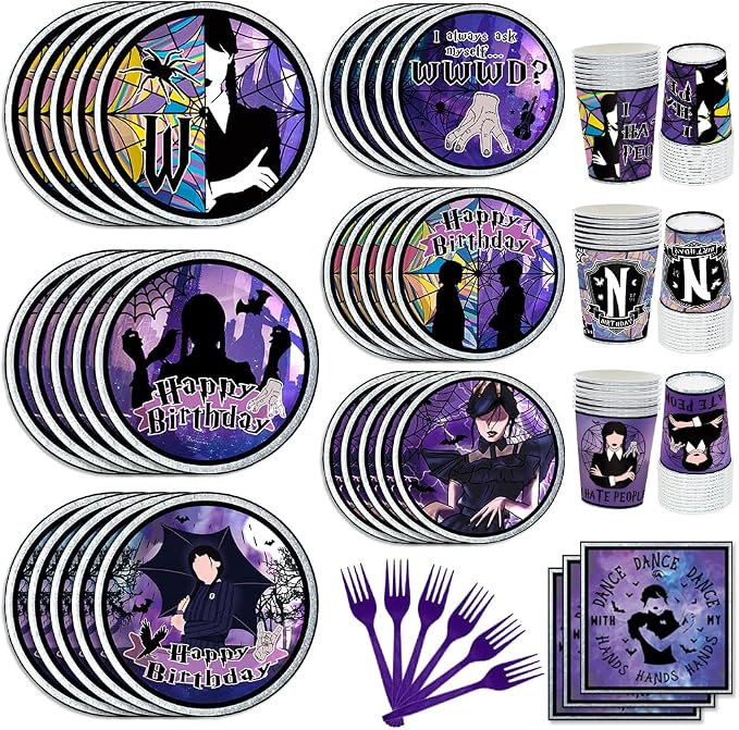 Amazon.com: AURORAPARTY 150pcs Wednesday Party Supplies Birthday Plates ...