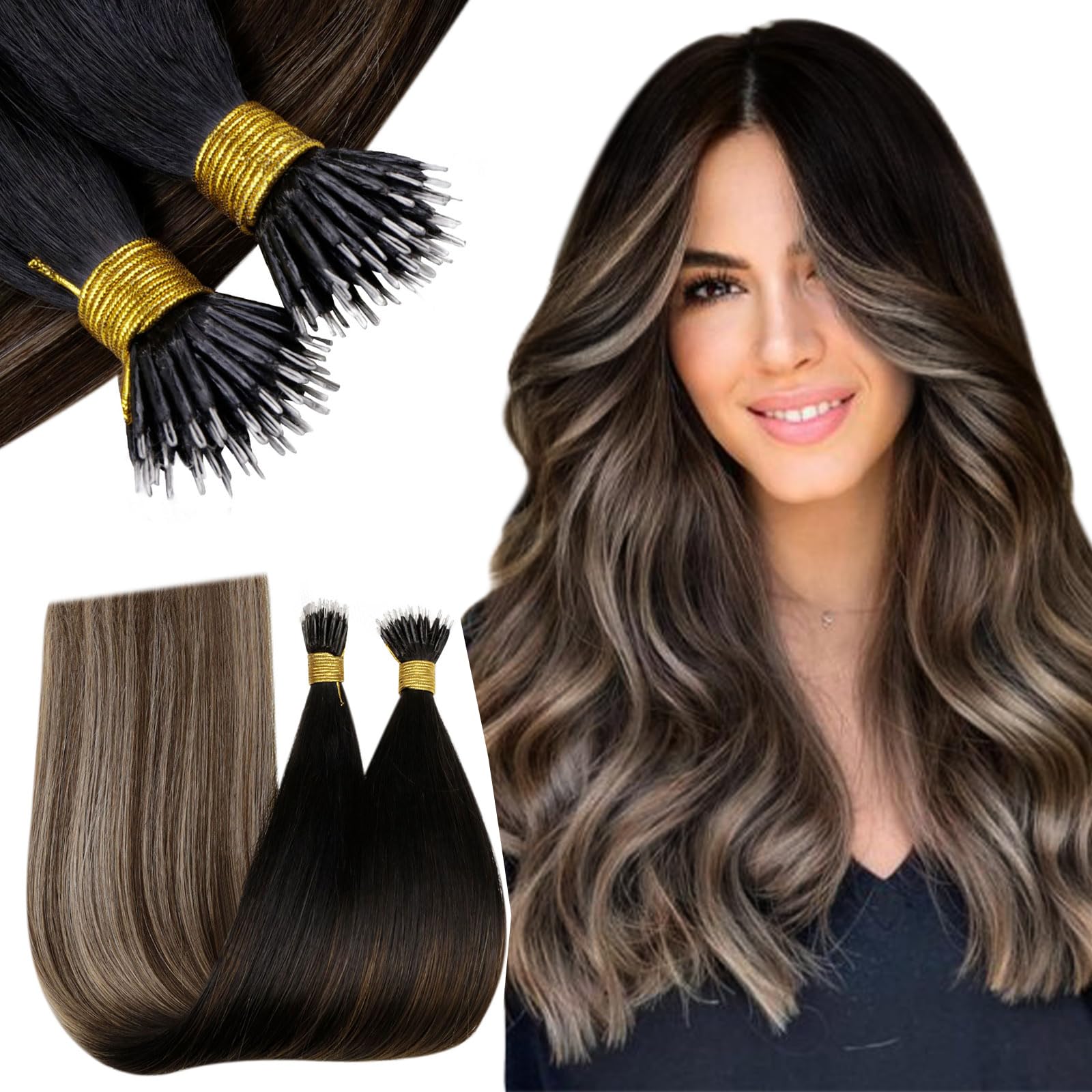 RUNATURE Nano Beads Hair Extensions Real Human Hair Brown Ombre Blonde ...