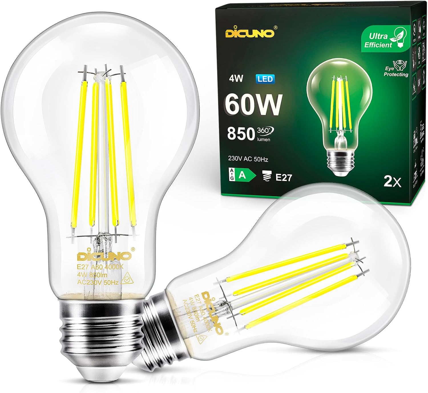 DiCUNO Edison Light E27 Edison Screw Bulb 4W (60W Equivalent), Clear ...
