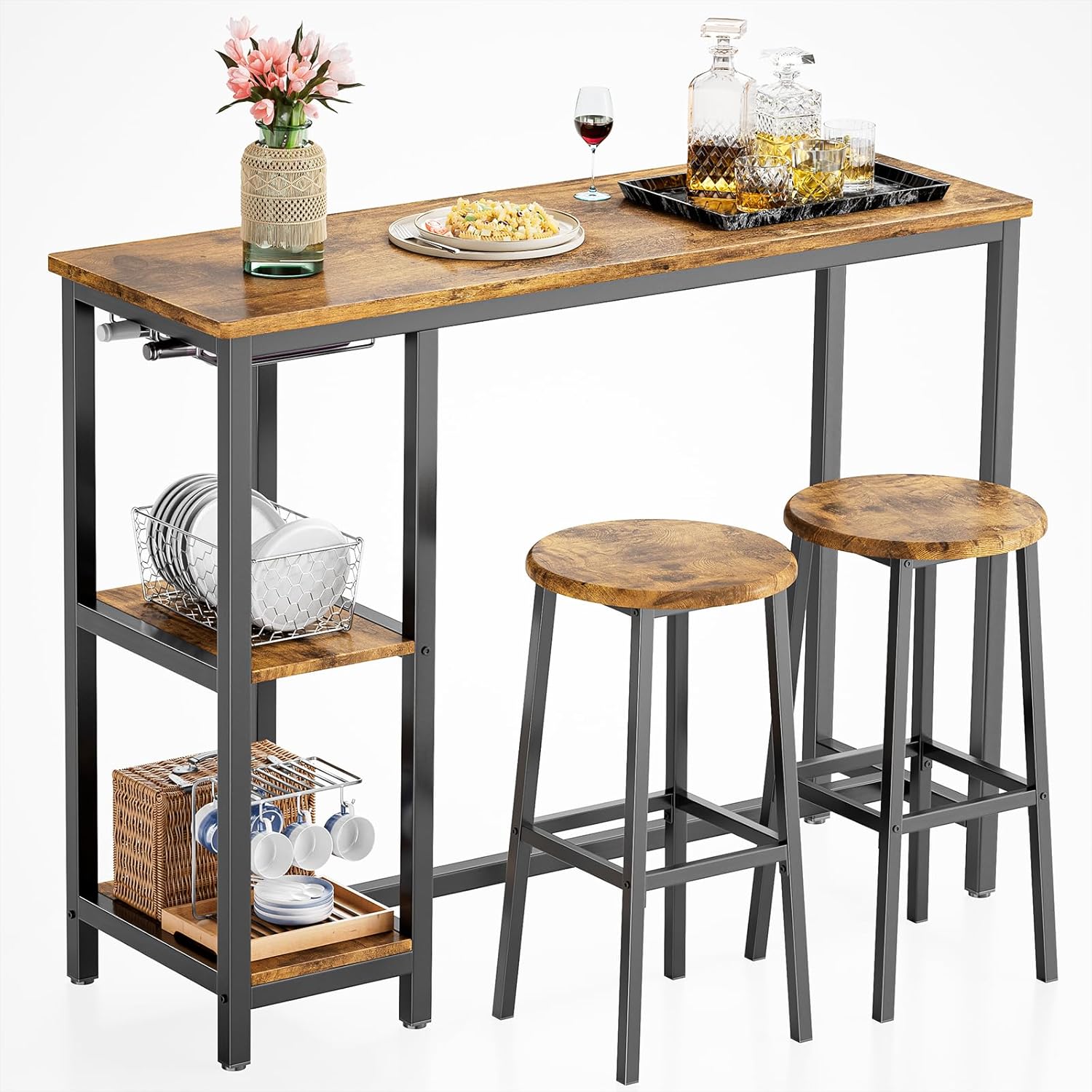 Bealife Tavolo Bar alto con 2 Sgabelli, con 2 ripiani e Porta Bottiglie ...