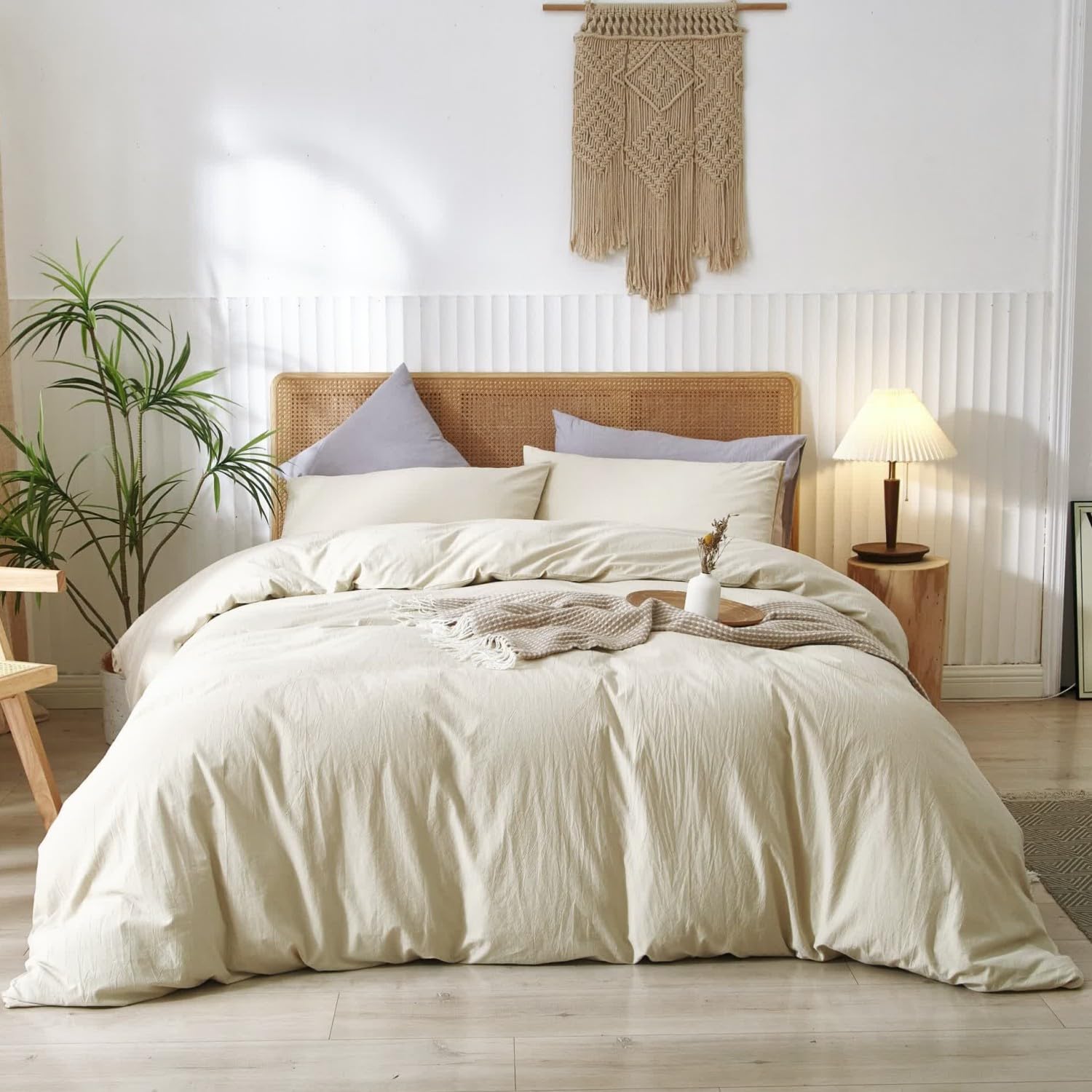 LIFETOWN 100% Washed Cotton Duvet Cover Set Linen Feel Natural Wrinkle ...