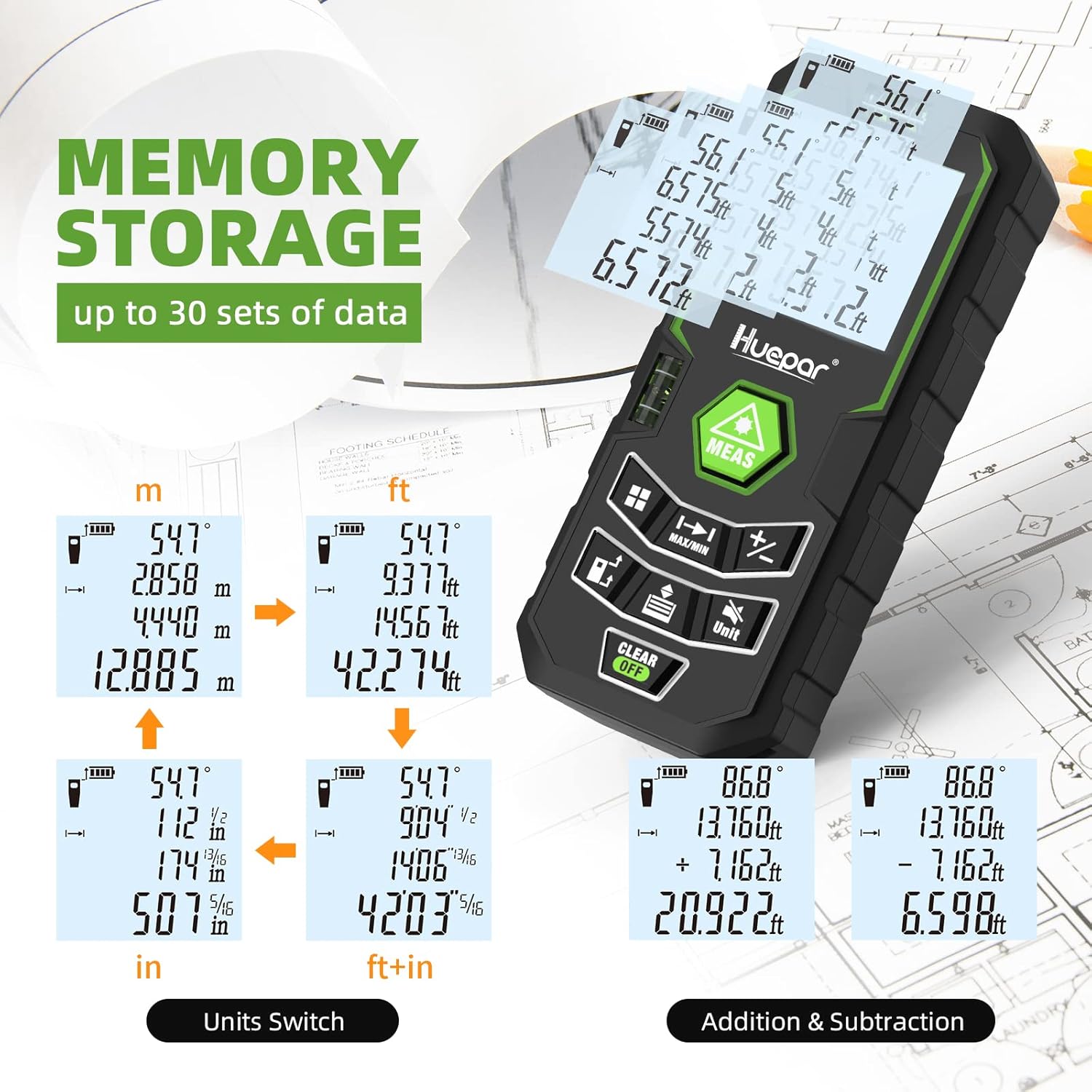 Laser Measure 50M, Huepar Laser Distance Meter 165ft with Electronic ...