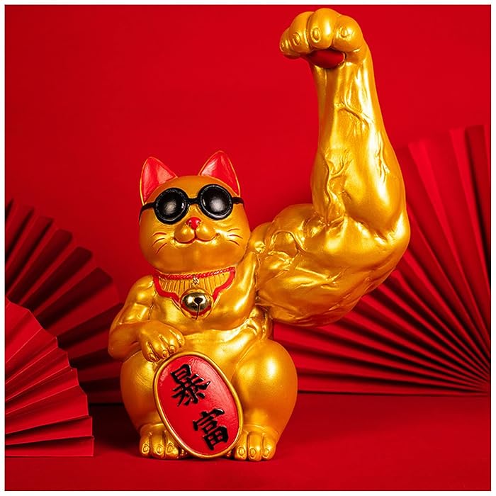 Buy ARTFILIF Muscle Arm Get Rich Cat Statue Big Arm Beckoning Cat ...