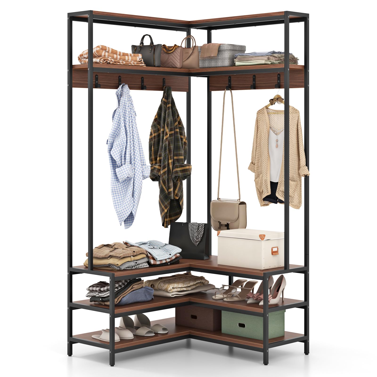 CASART Corner Hall Tree, L-shaped Clothing Rack with Hooks, Shelves ...