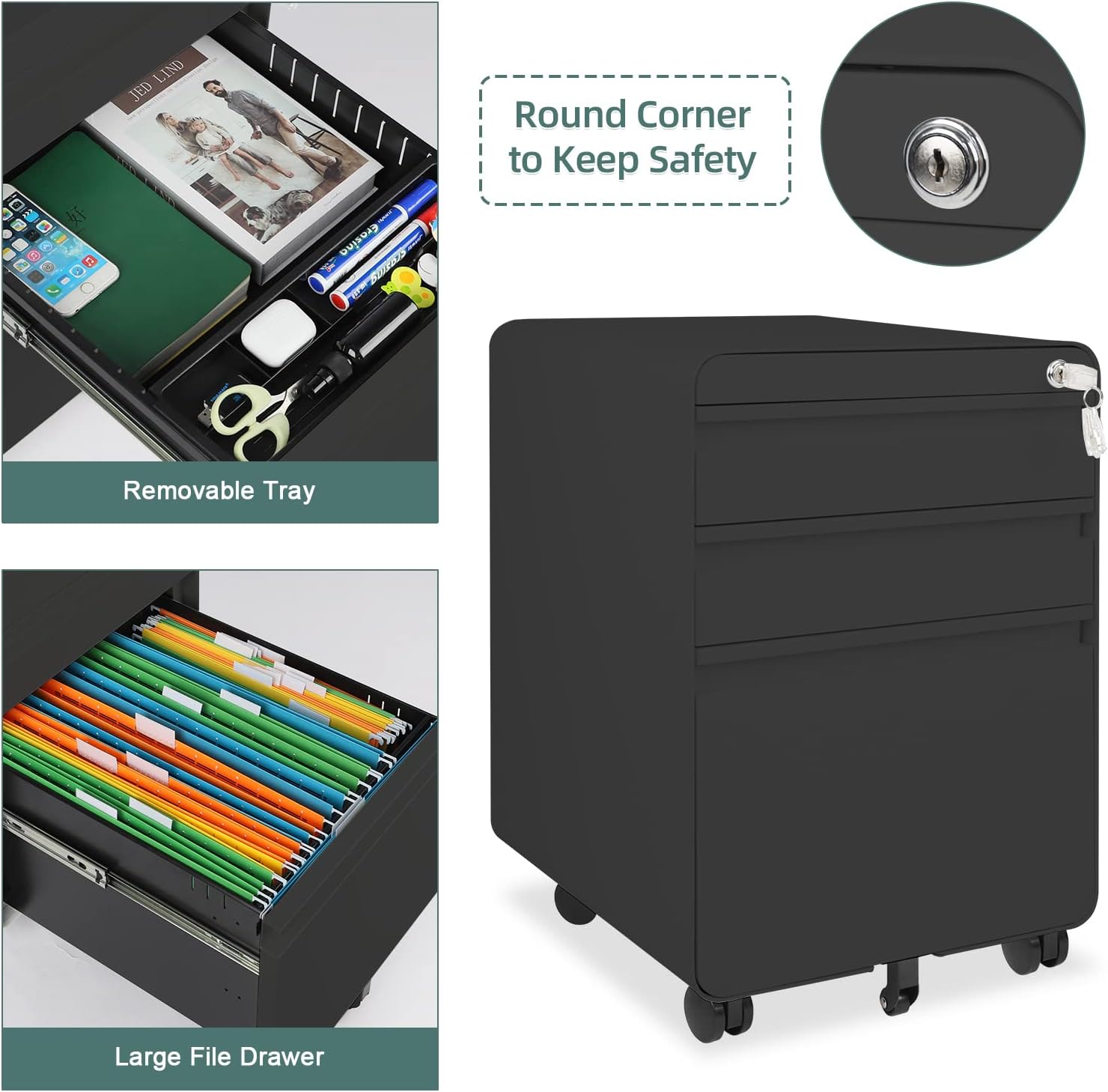 Buy Dripex Fully Assembled 3-Drawer Mobile File Cabinet for A4 File ...