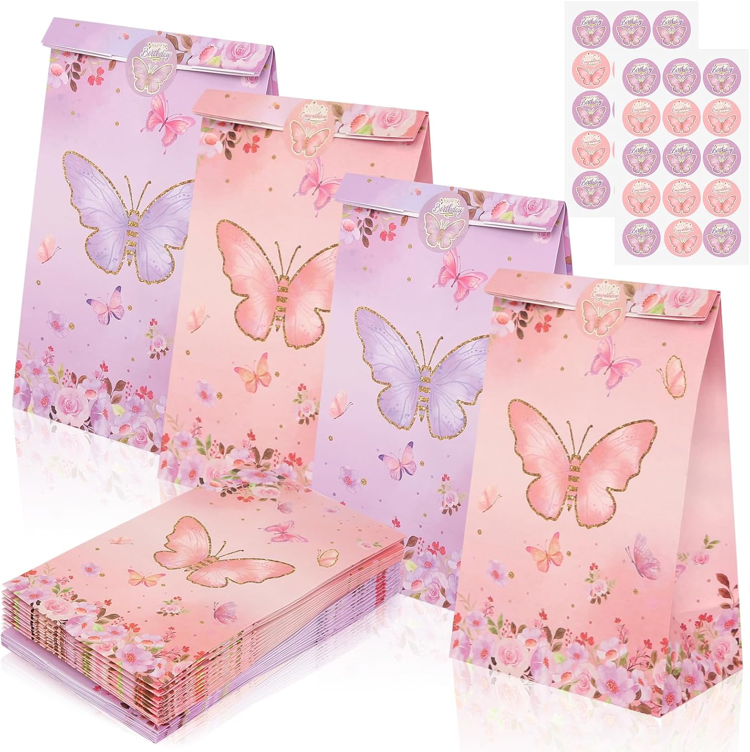 Amazon.com: 24pcs Pink Gift Bags With Stickers, Cute Butterfly Flowers ...