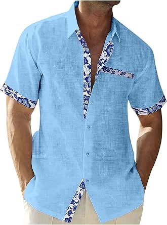 Amazon.com: Mens Hawaiian Shirts Short Sleeve Cotton Linen Button Down Shirt Summer Causal Loose ...