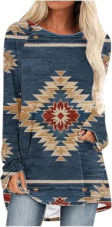 Long Sleeve Tunic Tops for Women Vintage Aztec Ethnic Printed Shirt ...