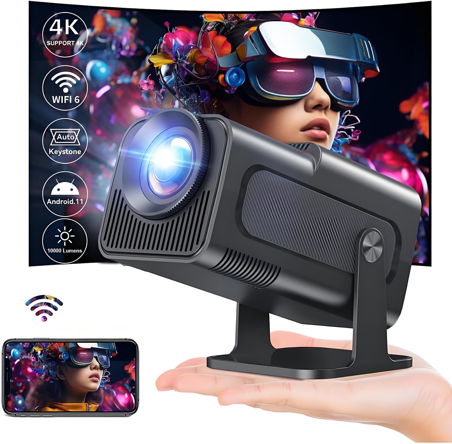 Mini Projector,HY300 Pro Smart Projector, 4K Portable Projector with ...