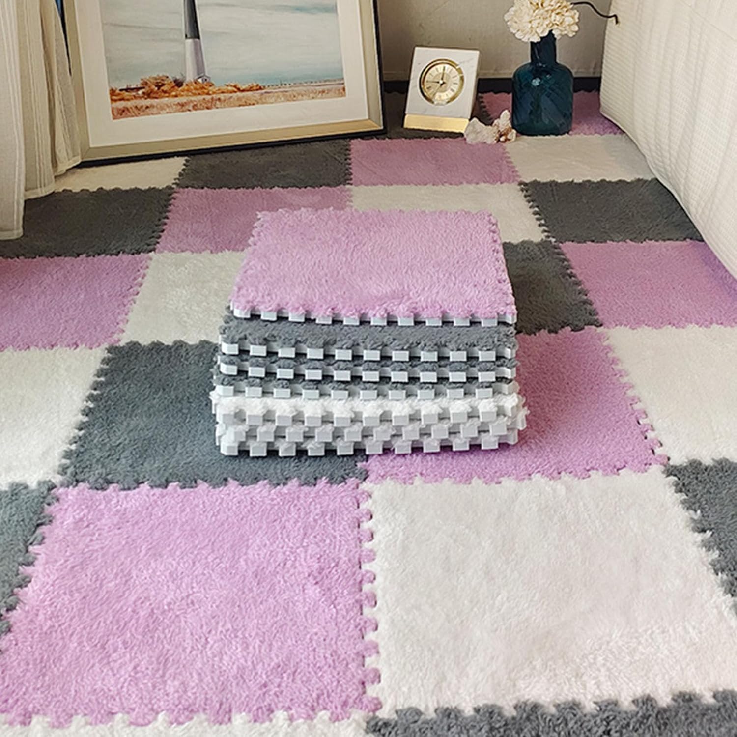 Amazon.com: Fluffy Plush Puzzle Foam Playmat,16 Pcs Interlocking Carpet ...