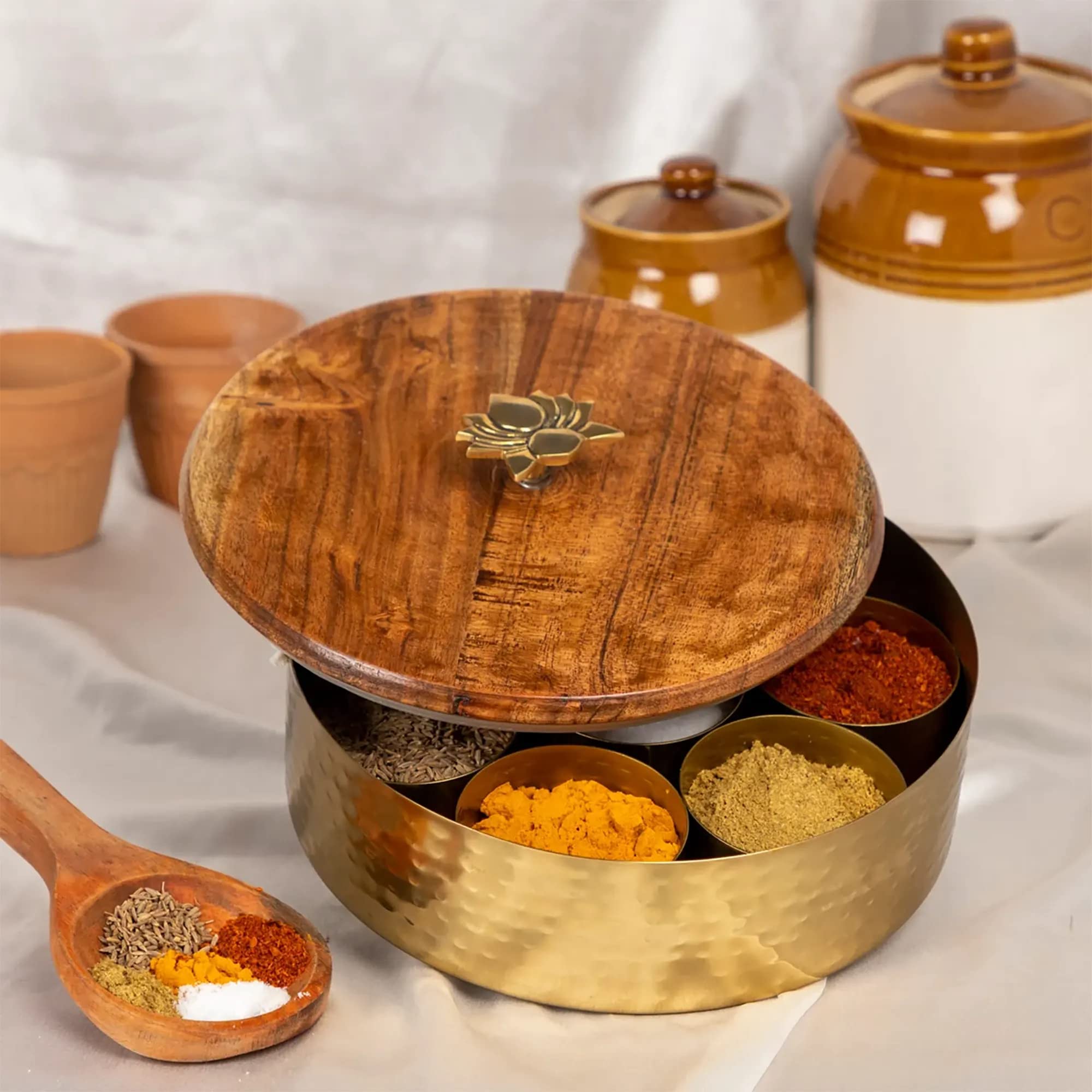 JAIN ART VILLA Wooden Brass Masala Spice Box Dani Container | Masala ...