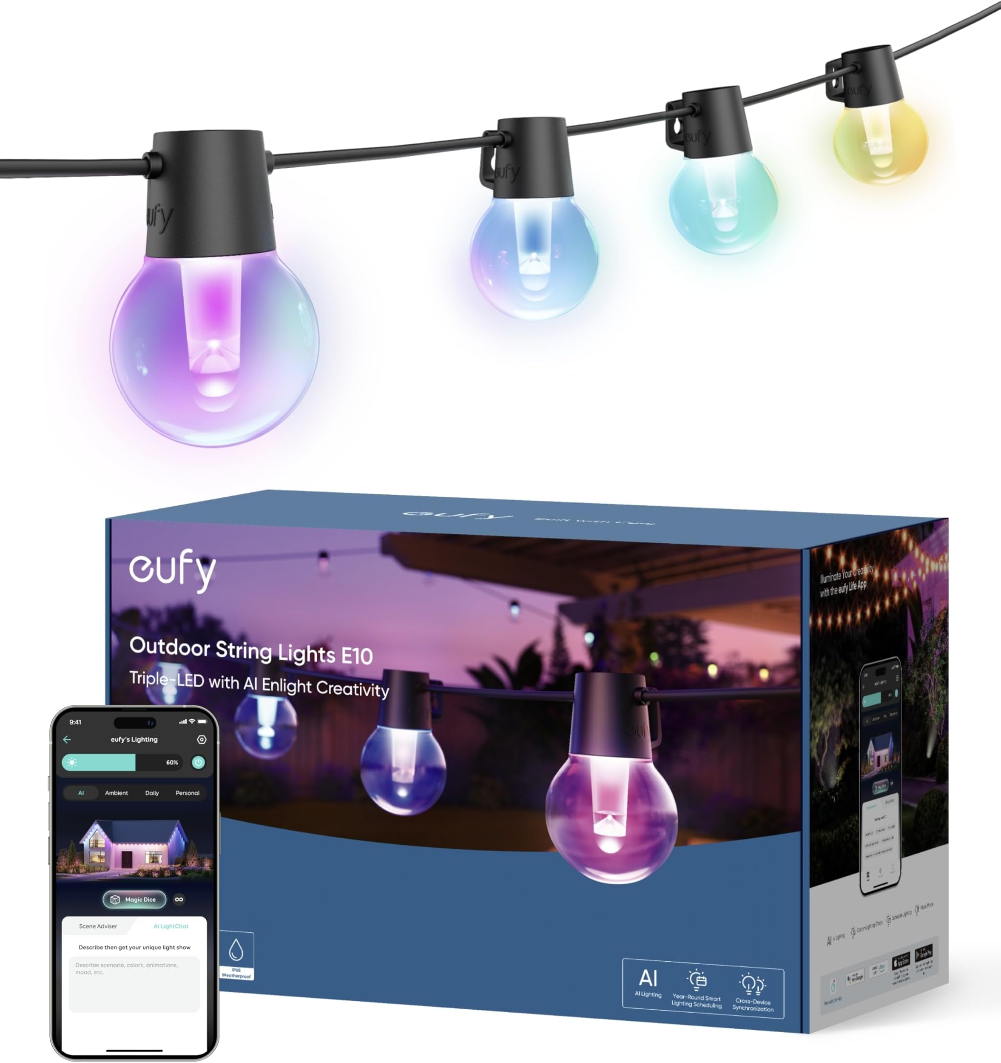 eufy Outdoor String Lights E10, 96ft with 30 Smart RGBWW LED Bulbs ...