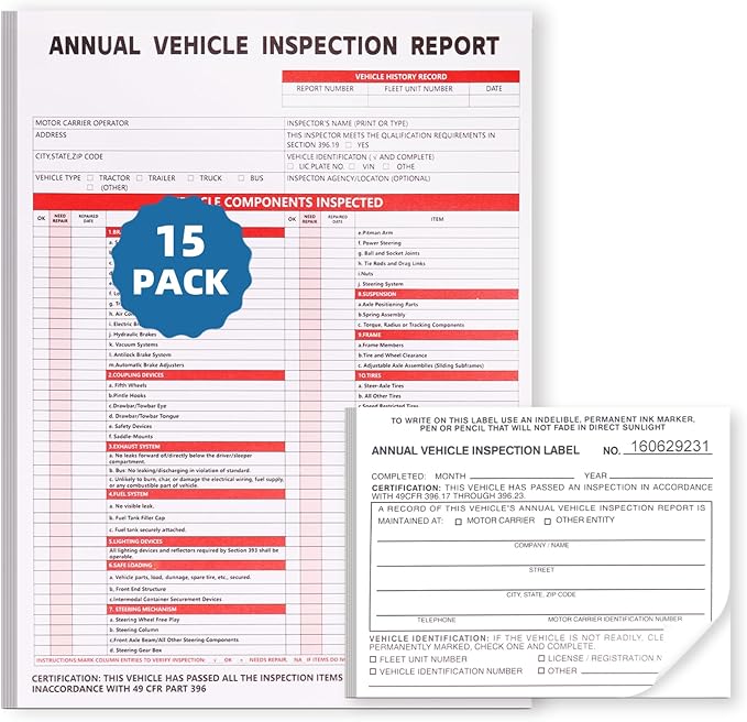 Amazon.com : 15-Pack Annual Vehicle Inspection Report Form, 3-Ply ...