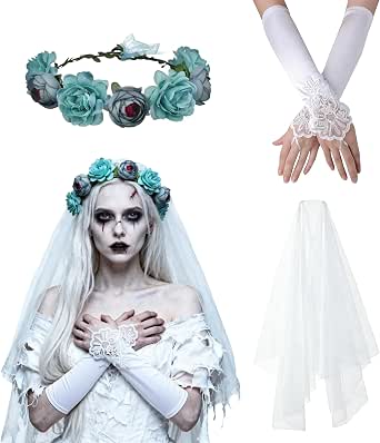 Amazon.com: Zombie Bride Costume Accessories Bridal Veil Goth Floral ...