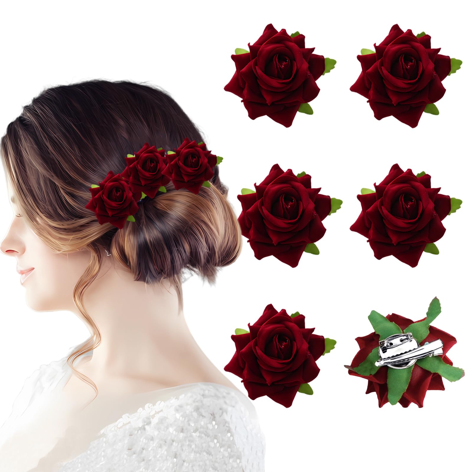 Amazon.com : 6Pcs Rose Hair Clips Rose Brooch Floral Clips Burgundy ...