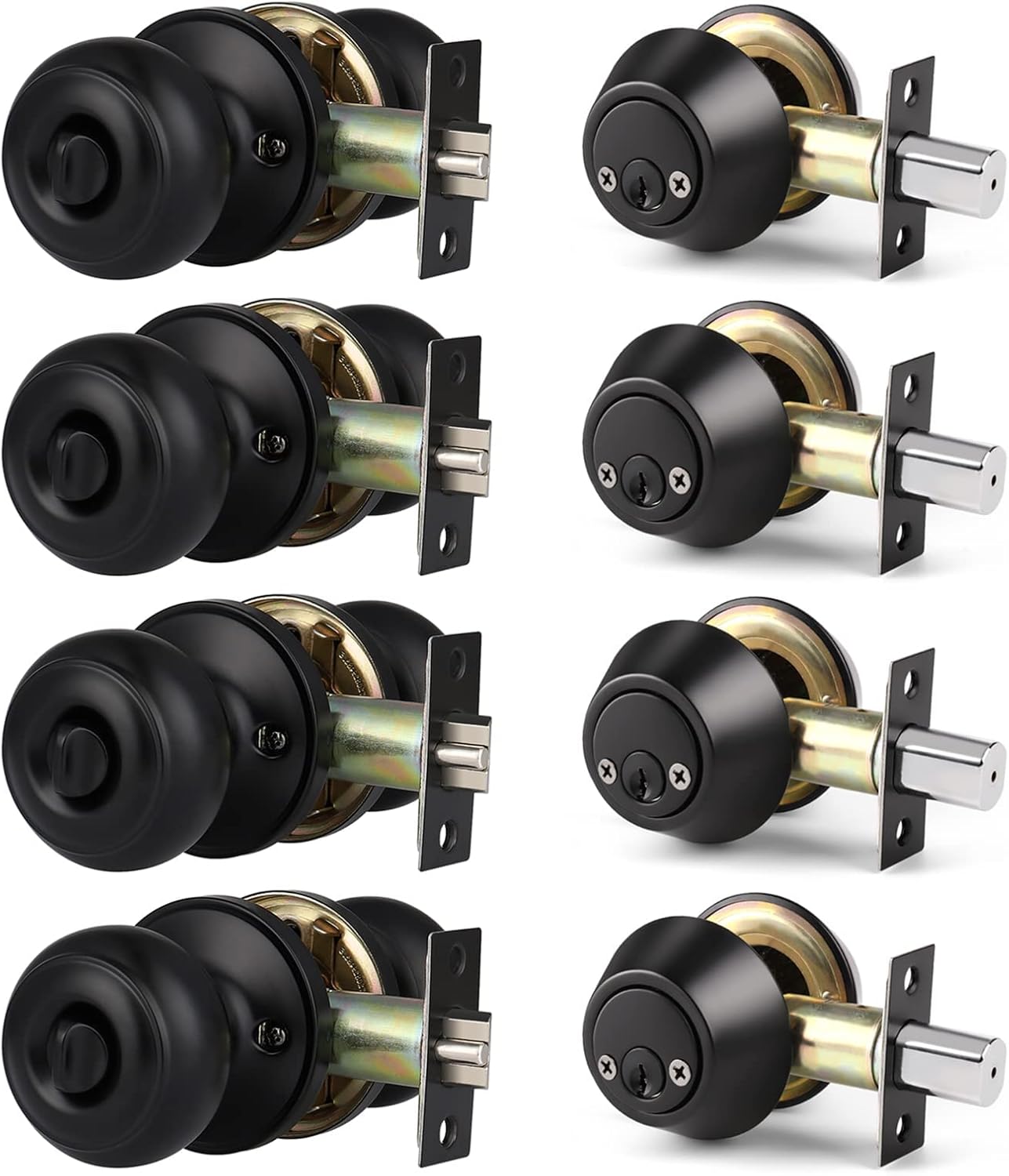 KNOBWELL 4 Pack Entry Door Knob and Double Cylinder Deadbolt Combination Set, Keyed Alike, Black ...