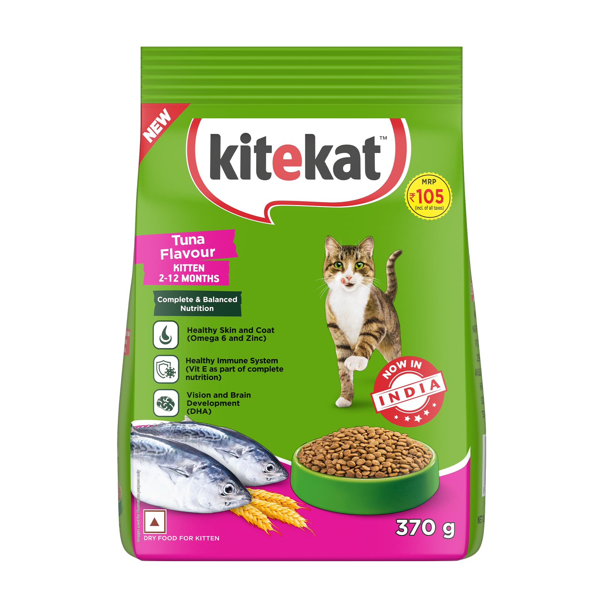 Kitekat Kitten (2-12 Months) Dry Cat Food, Tuna Flavour, 370 g ...