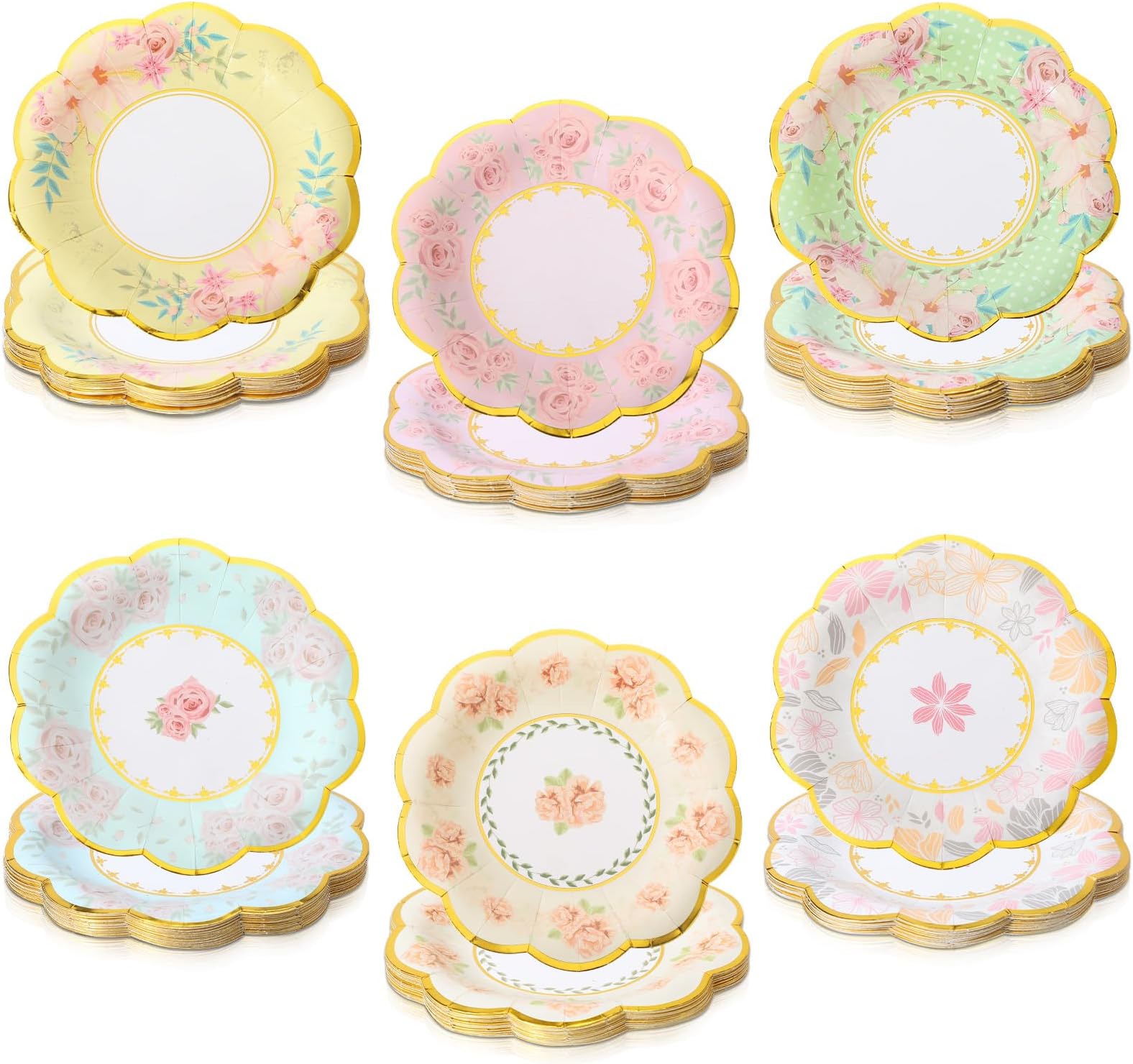 Amazon.com: Maxcheck 72 Pcs Floral Paper Plates Flower Plates with Gold ...