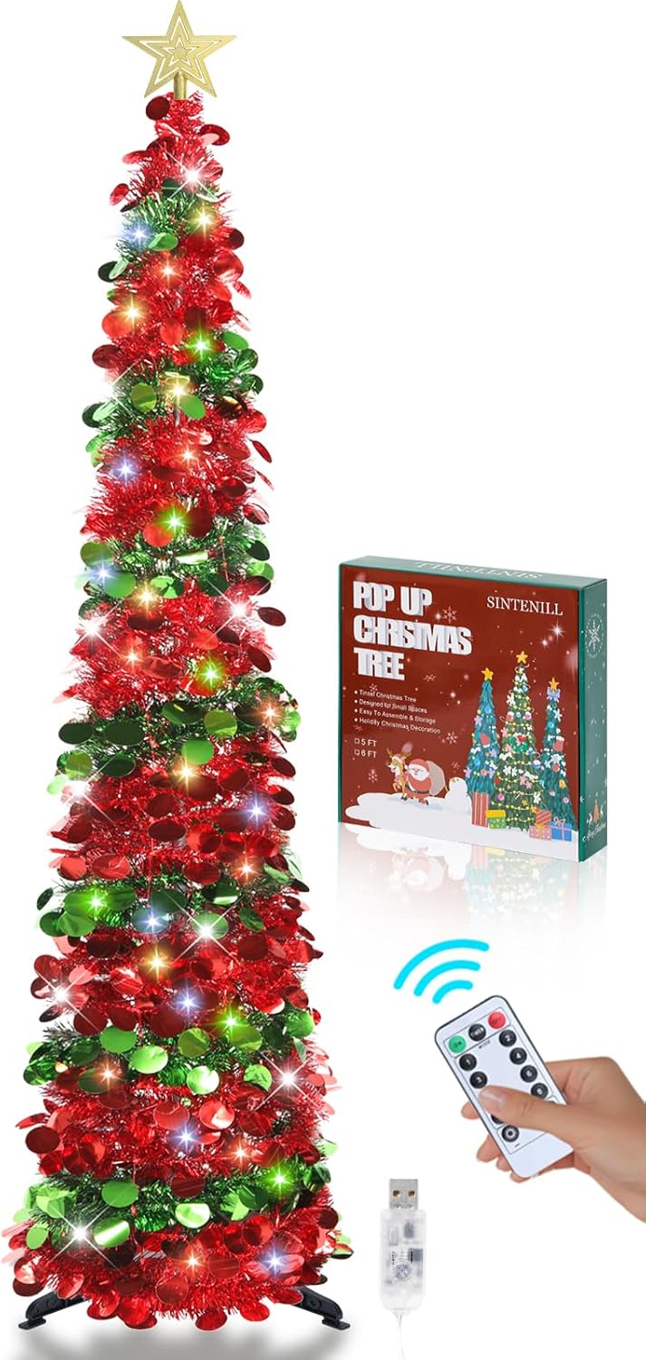 Amazon.com: SINTENILL 6 FT Pop Up Christmas Tree with 100 LED Timer ...