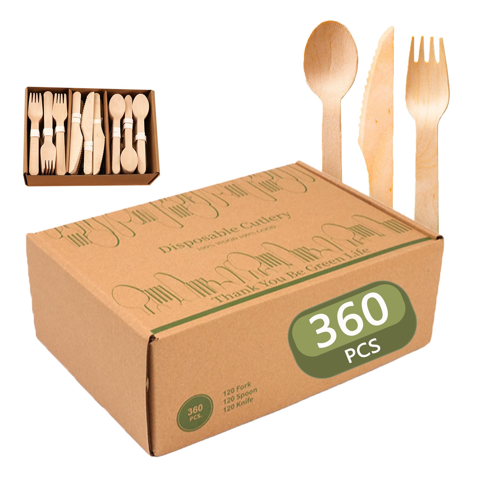 Wooden Disposable Cutlery, 100% Compostable Utensil Set - 360 Pieces ...