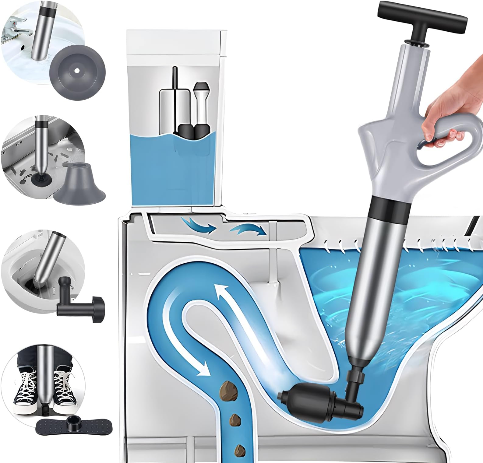 High Pressure Toilet Plunger,Plungers for Bathroom Heavy Duty,Stainless Steel Air Drain Plunger ...