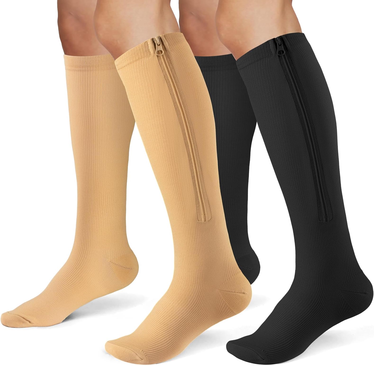 Amazon.com: 2 Pairs Zipper Compression Socks, 15-20mmHg Closed Toe Knee ...