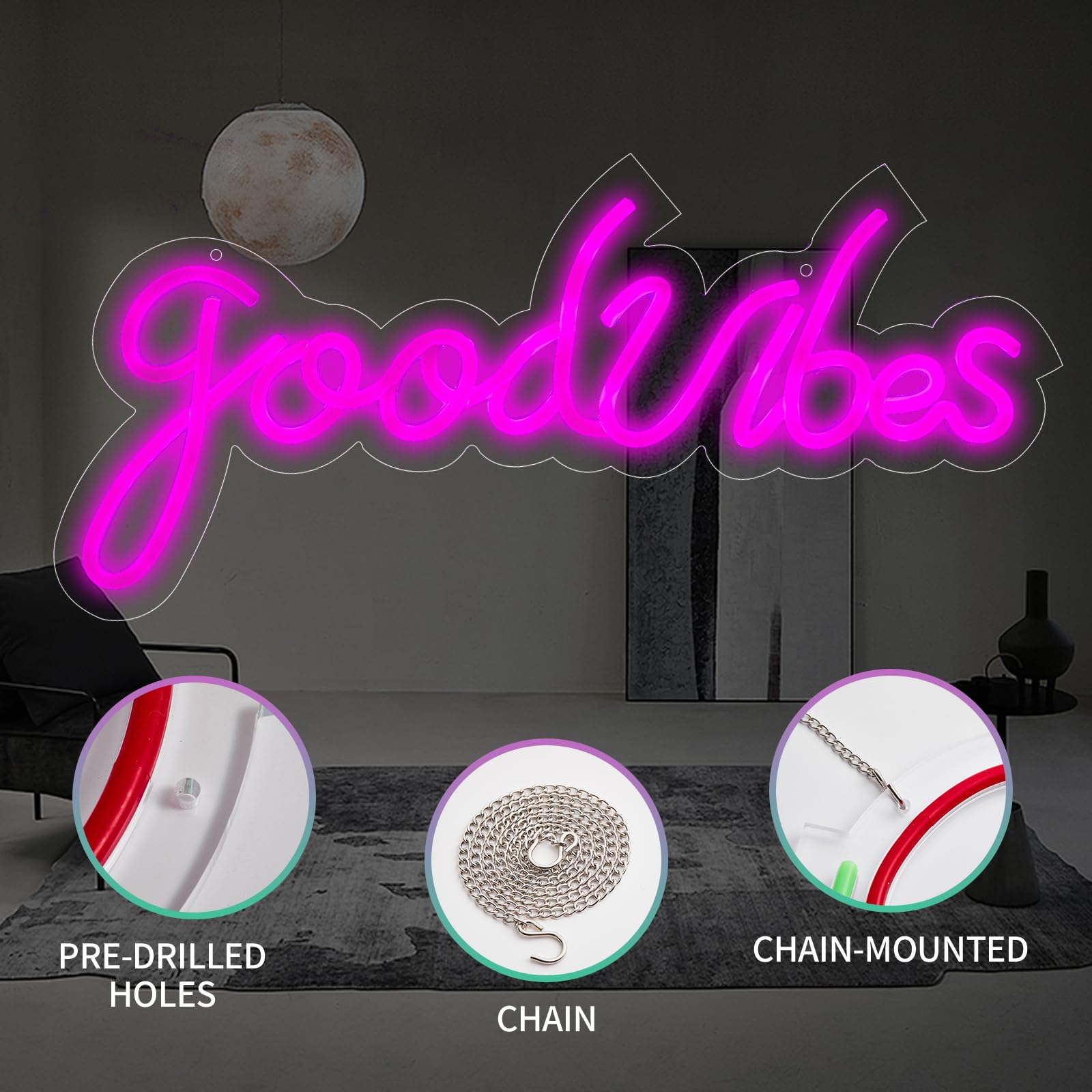 Snapklik.com : Pink Good Vibes Neon Sign - Neon Lights For Bedroom
