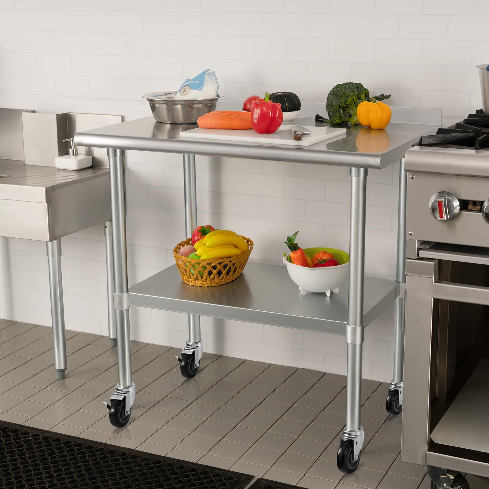 Mobile Food Prep Table With Wheels 36" X 30" Stainless Steel Food Prep ...