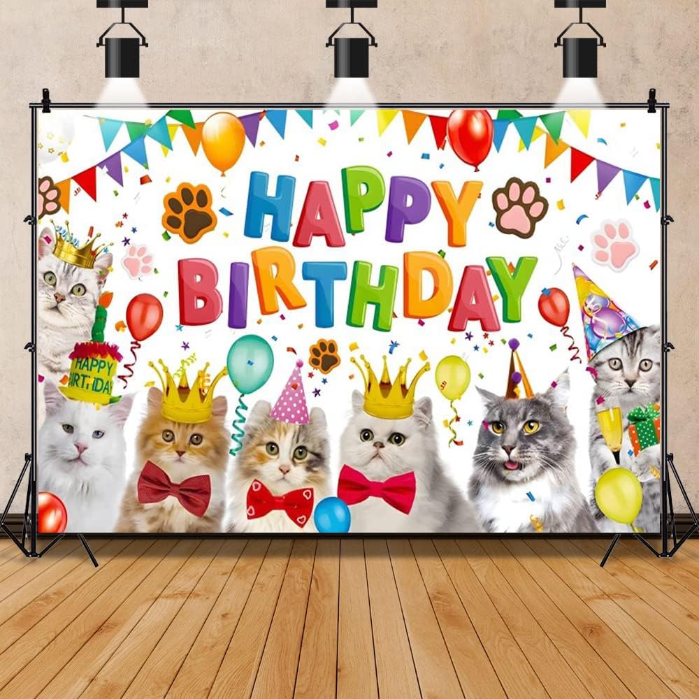 Amazon.com : Cat Theme Birthday Backdrop for Kids Party 7x5ft Fabric ...