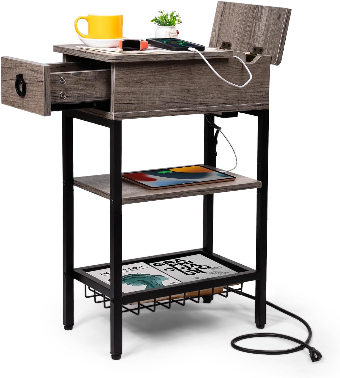 Cazacomzy Small Gray Side Table Charging Station for Bedroom, Narrow ...