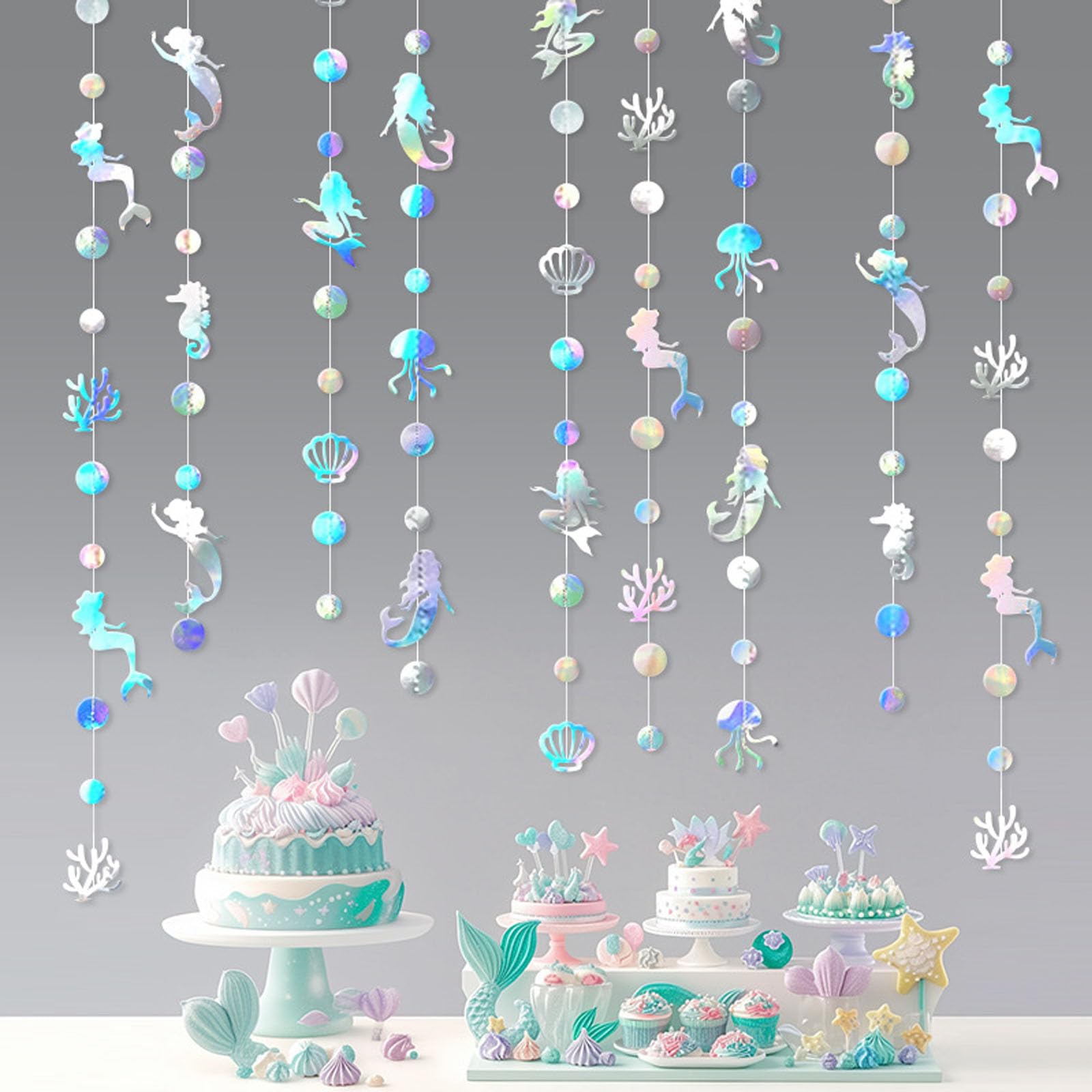 DONHUA 4pcs Iridescent Mermaid Garland with Jellyfish Seashell Starfish ...
