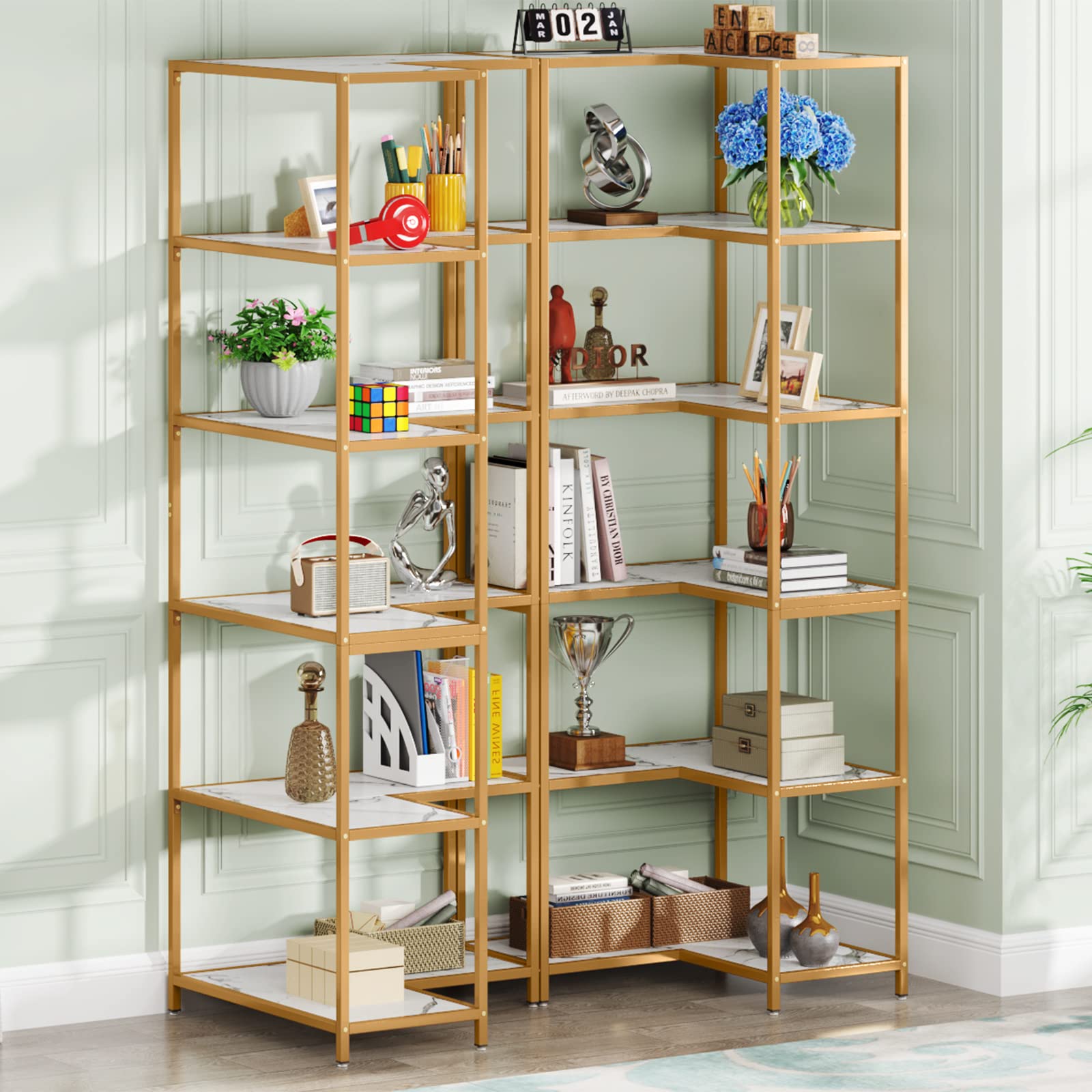 Tribesigns L-Shaped Corner Bookshelf Set of 2, 6-Shelf Tall Corner ...