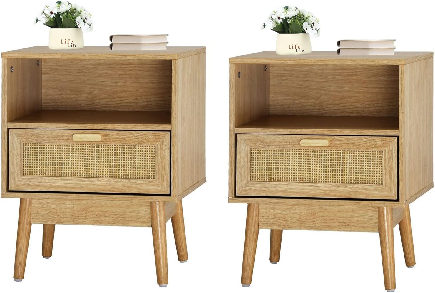 Rattan Bedside Table Set of 2, Wicker Bedside Cabinet, Nightstand w/Ash ...