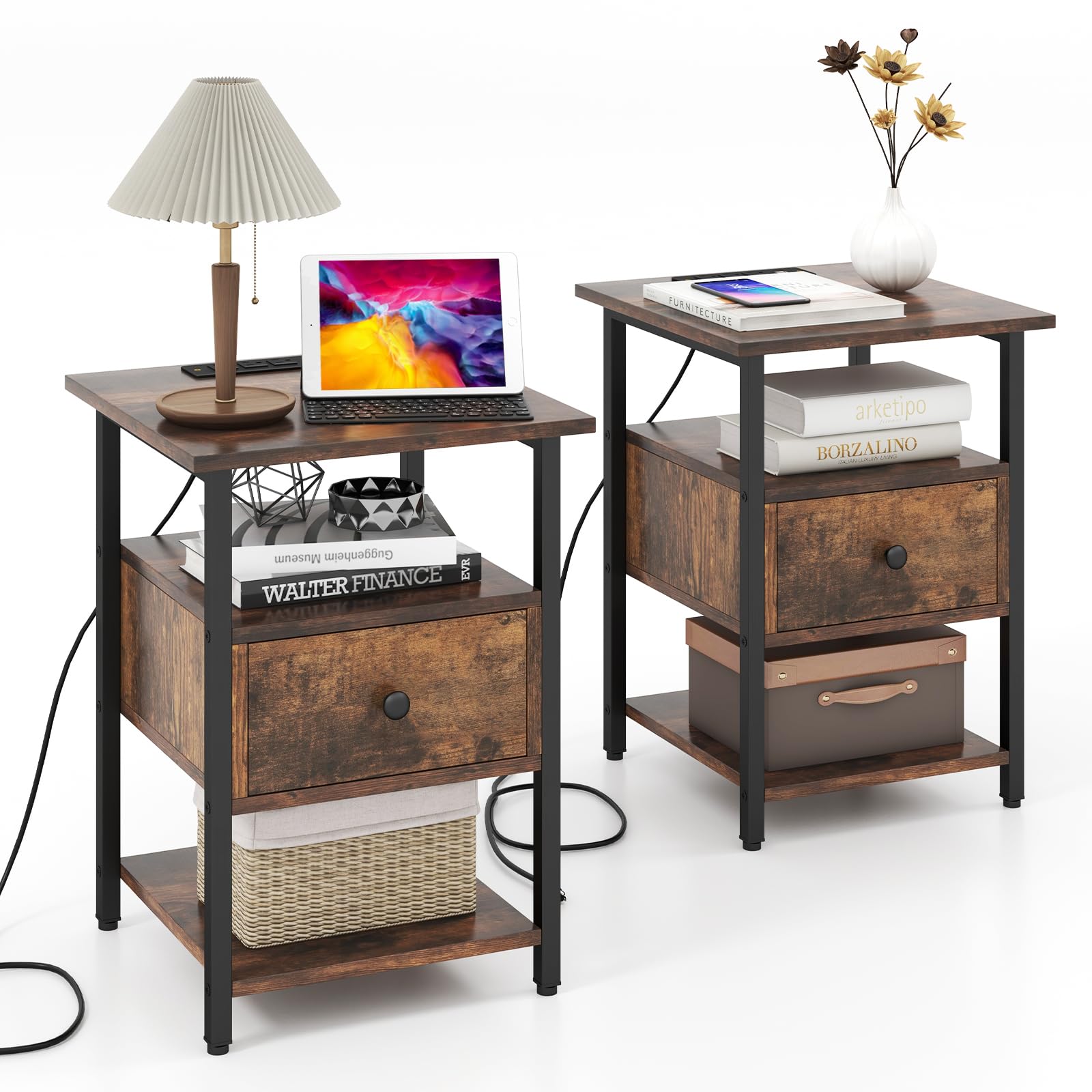 GOFLAME Nightstand Set of 2 with Charging Station, 3-Tier Bedside Table ...