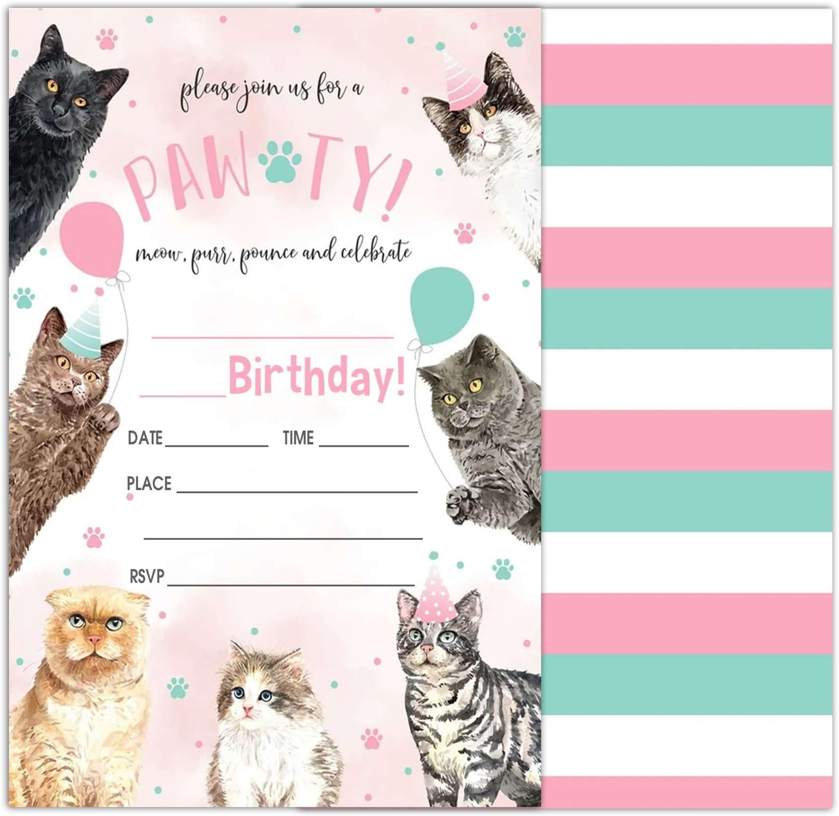 Amazon.com : WUINCK Cats Birthday Party Invitation Cards, Pet Cat ...