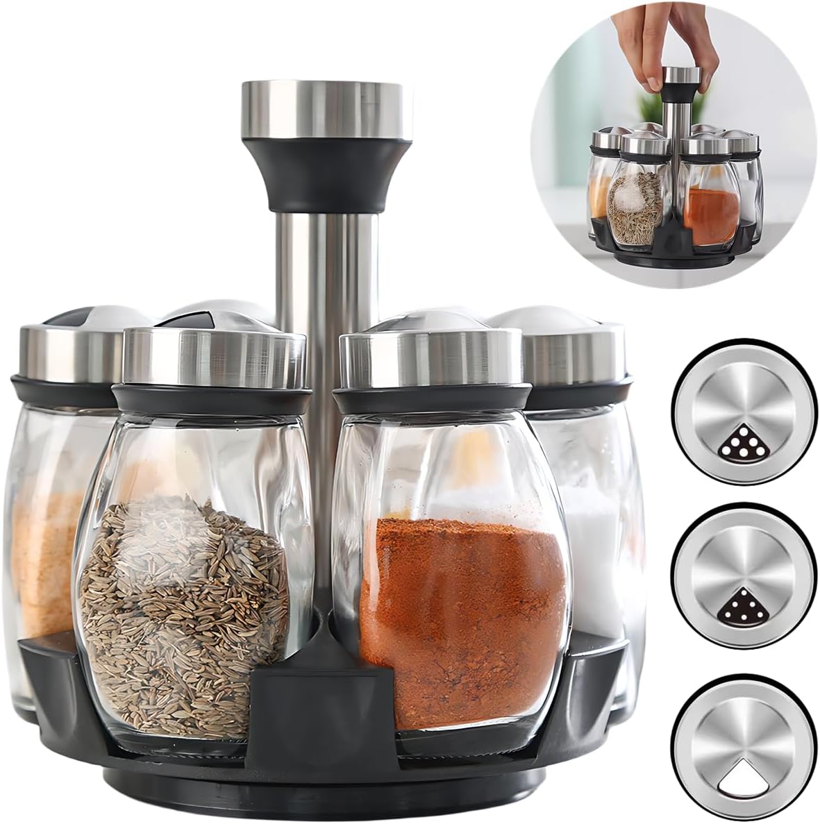 Revolving Spice Rack, 6-Jar Seasoning Organizer Holder 360° Rotation ...