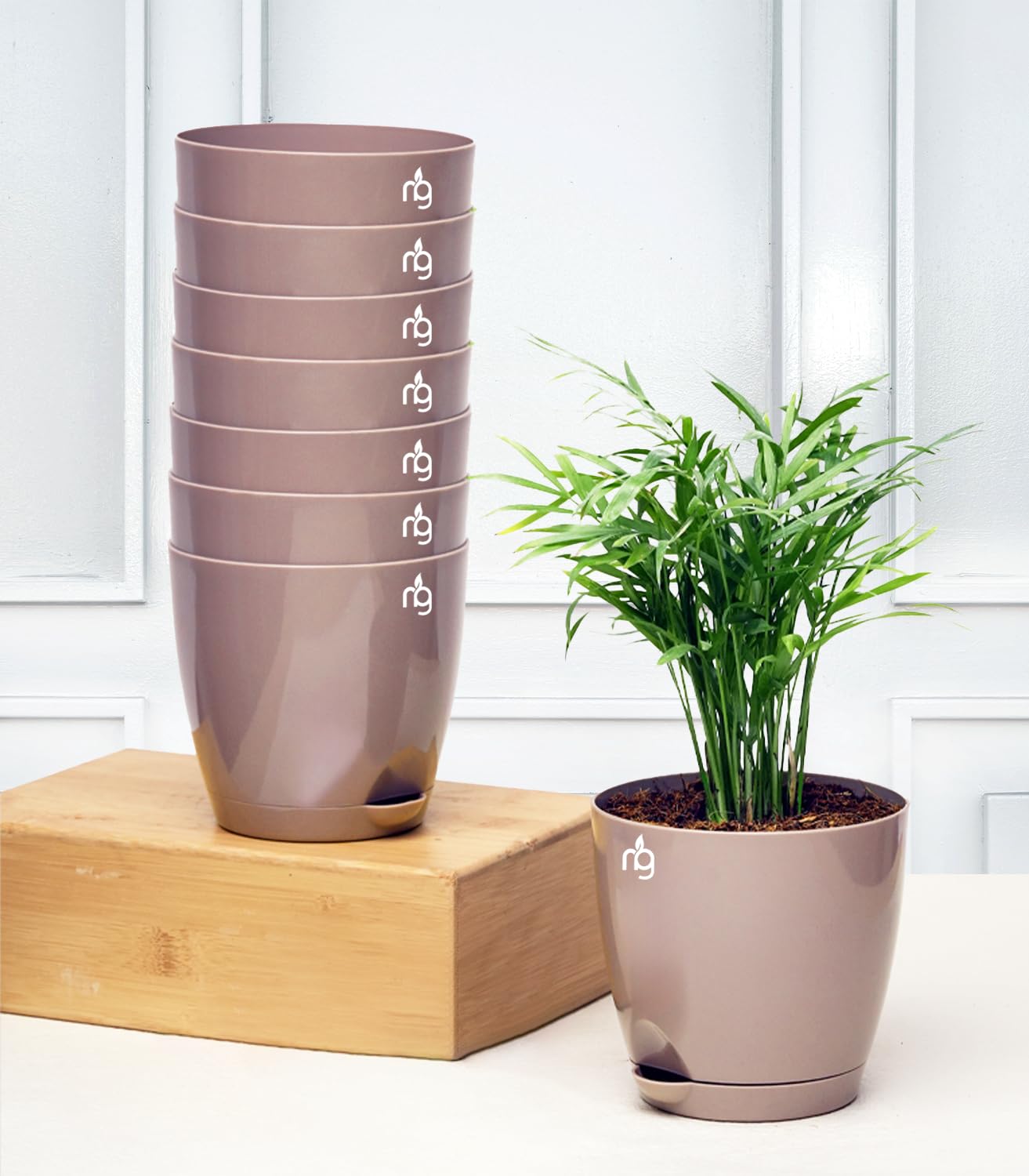 Nurturing Green® Combo of 8 Mocha Self Watering Plastic Pots with ...