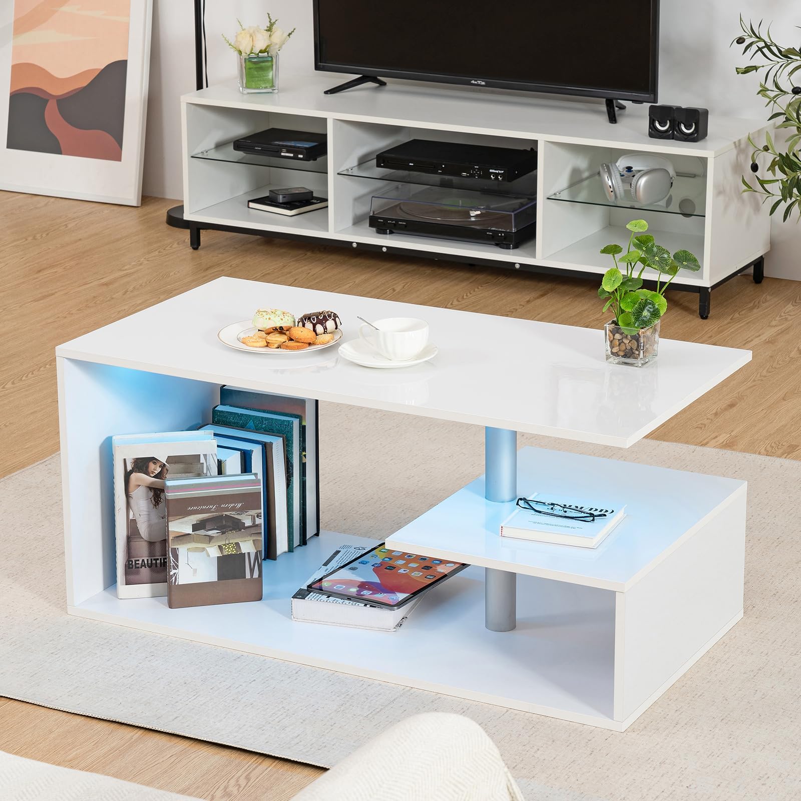 Amazon.com: Led Coffee Table High Gloss Coffee Table with 2 Drawers ...