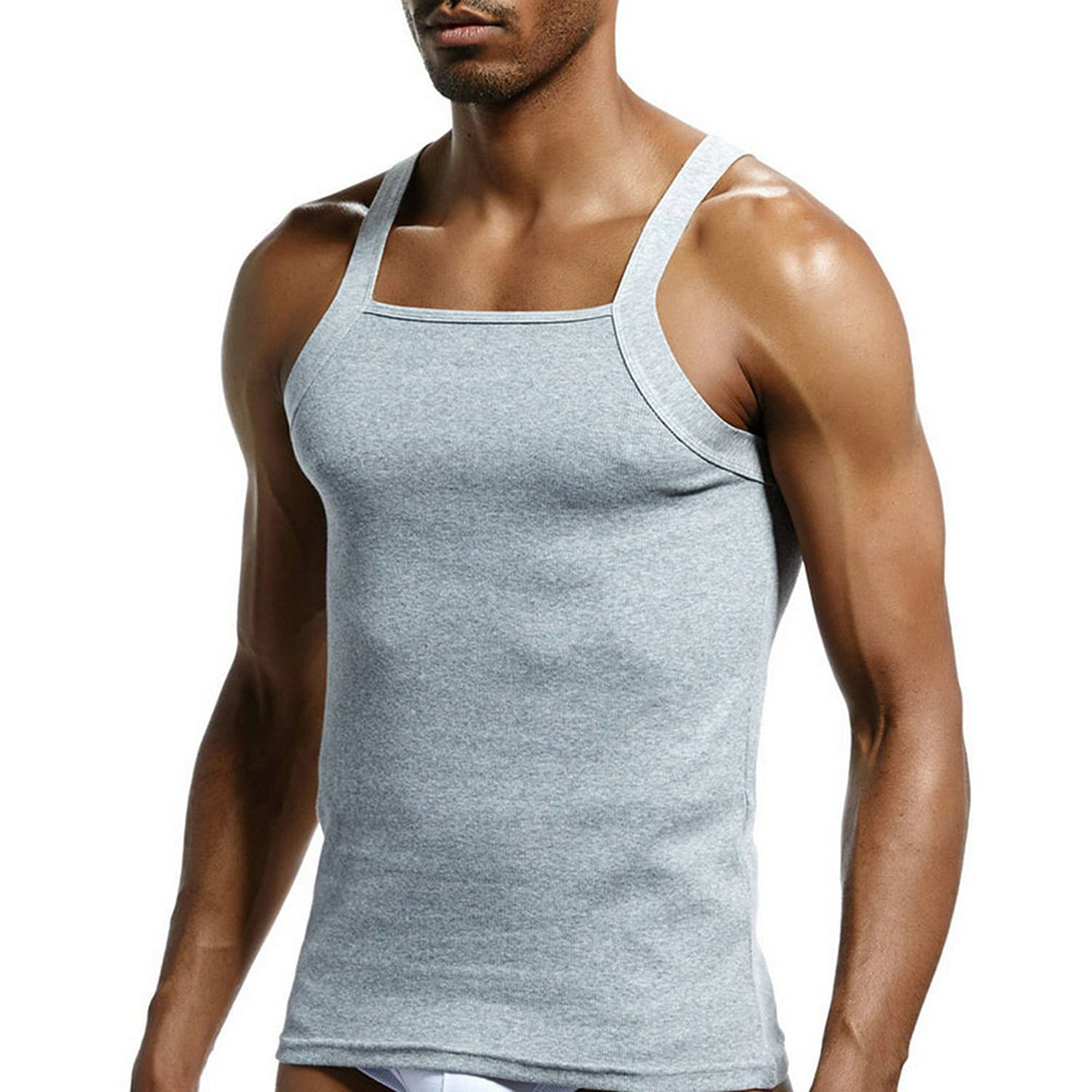 Zhiweikm Men's G-Unit Style Square Cut Tank Tops Cotton Comfort Stretch ...