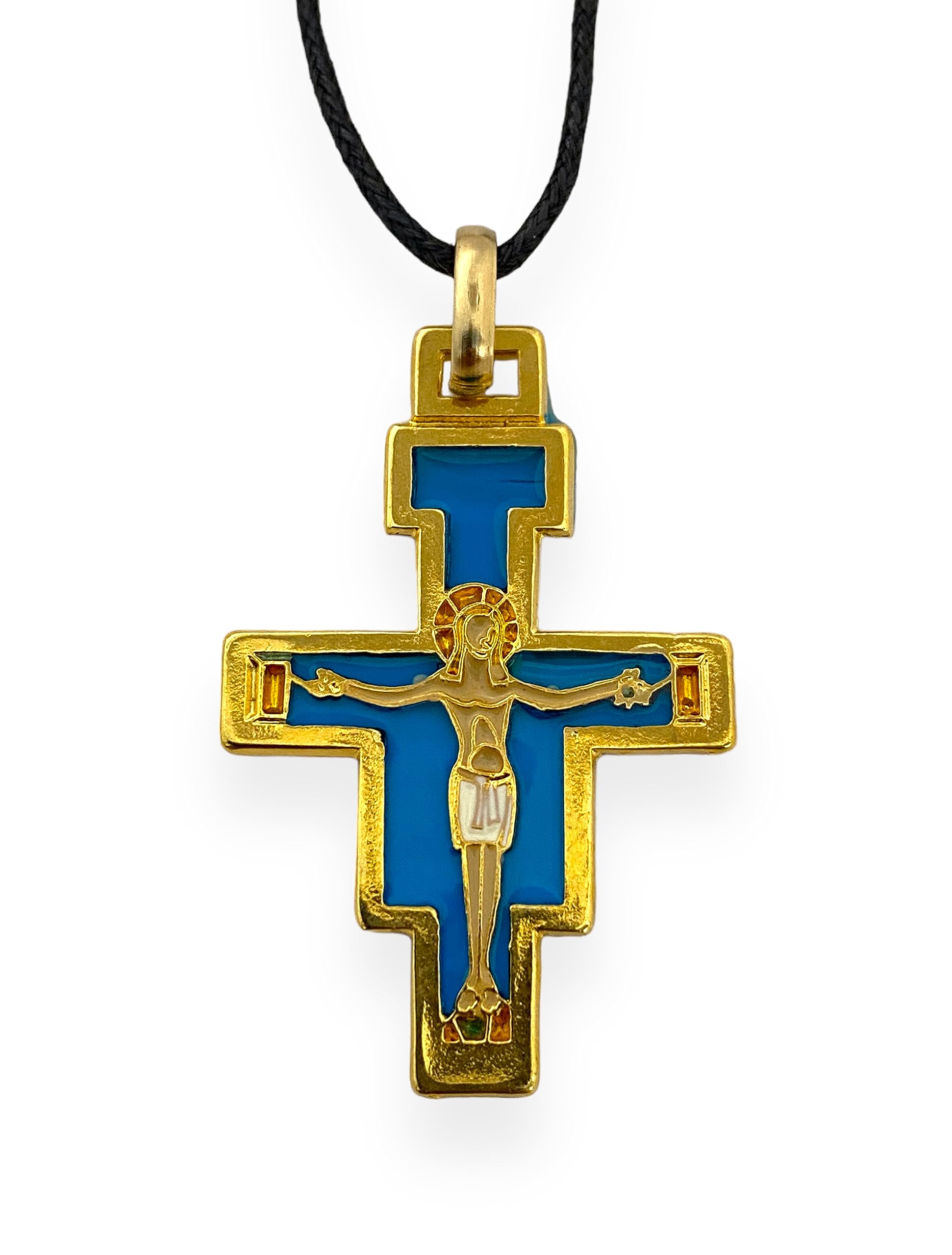 San Damiano Blue Gold Tone Crucifix Pendant Black String Cord Necklace ...