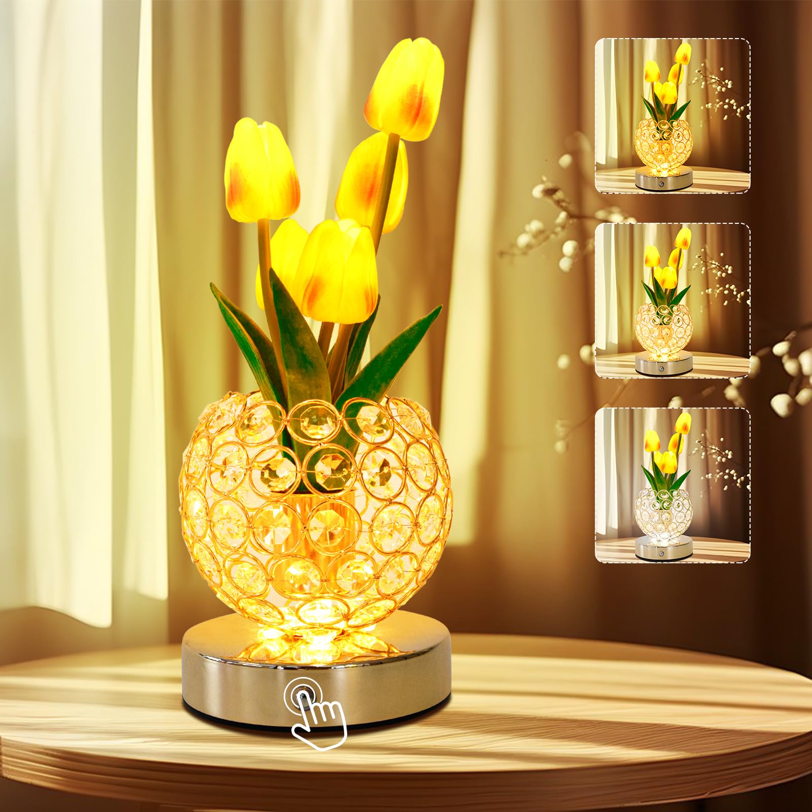 Tulip Crystal Flower Lamp Touch Lamp,Rechargeable Cordless Table Lamp ...