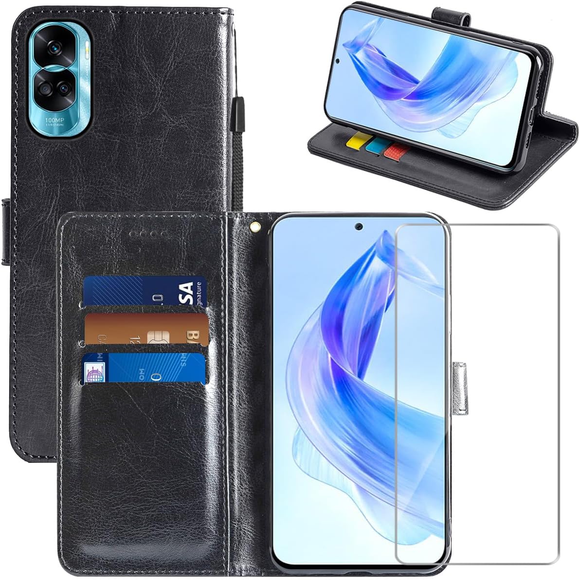 WQRTYJK for Honor 90 Lite Case and Tempered Glass Screen Protector, PU ...