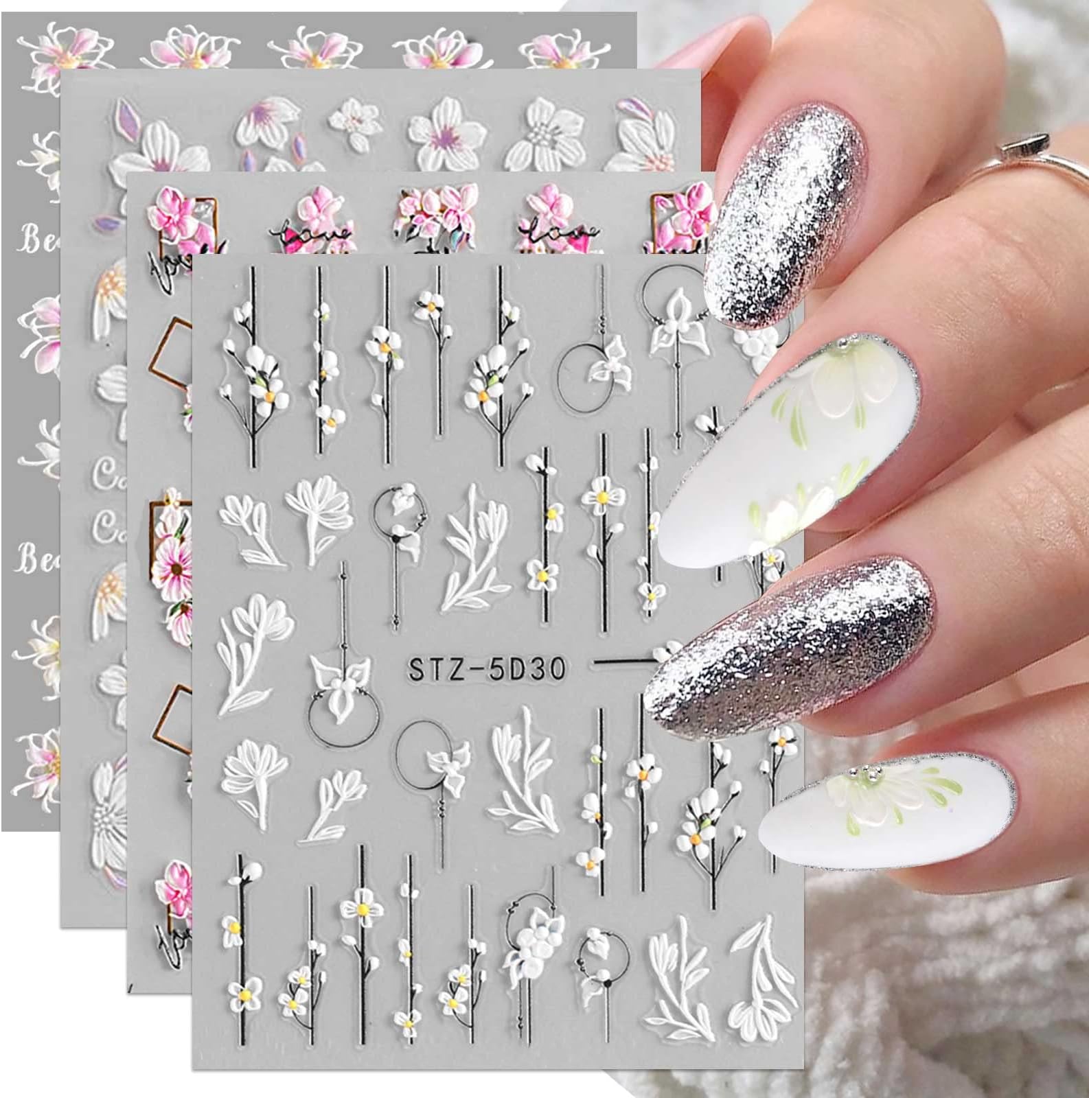Amazon.com: 3D Embossed Flower Nail Art Stickers Decals Self-Adhesive ...
