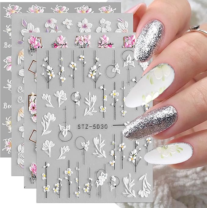 3D Embossed Spring Flower Nail Art Stickers Decals Self-Adhesive 5D ...
