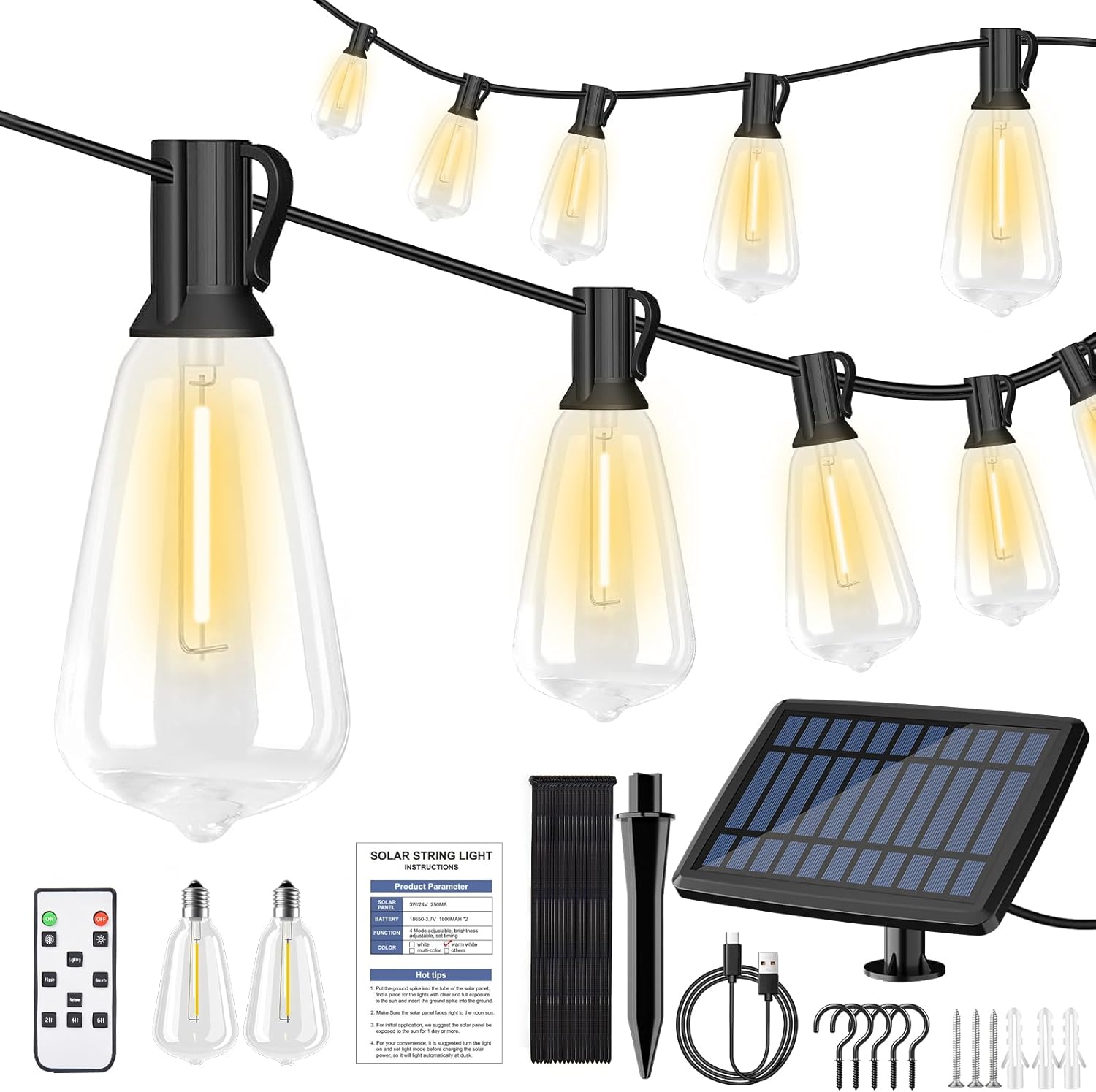 50FT Solar String Outdoor Lights with 4 Modes, Solar Powered Patio ...