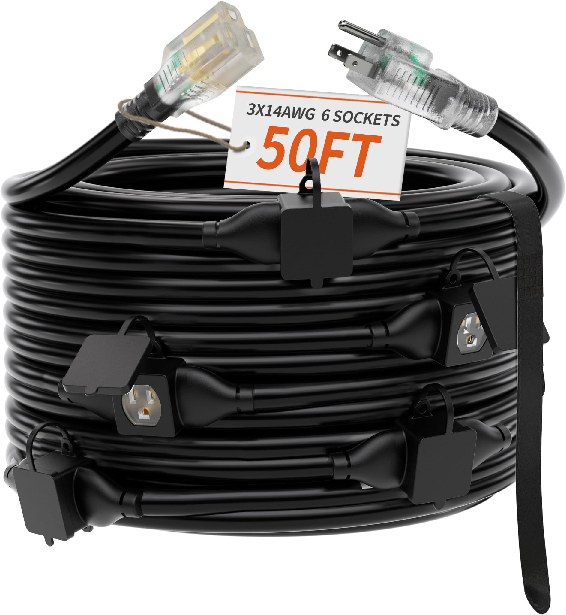 PlugSaf 50 FT Outdoor Extension Cord with Multiple Outlets, 14/3 Gauge ...