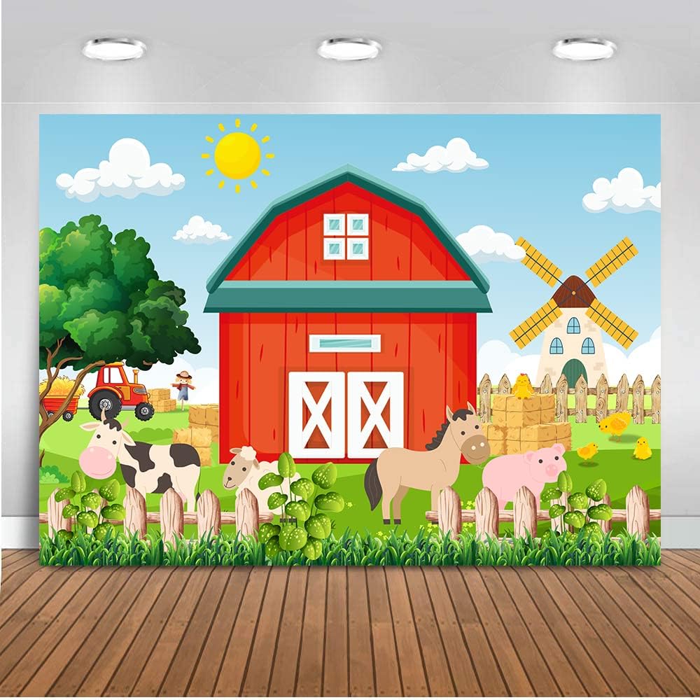 Amazon.com : ANSHUHAI Farm Red Barn Backdrop Cartoon Farm Animals Kids ...