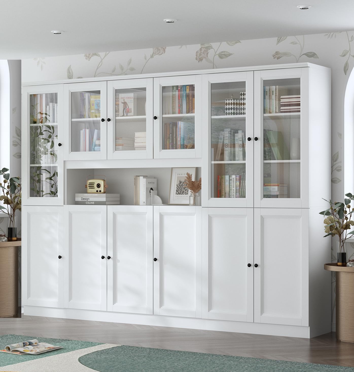 Amazon.com: Hitow Tall Bookshelf with Glass Doors, 3-Piece Bookcase ...