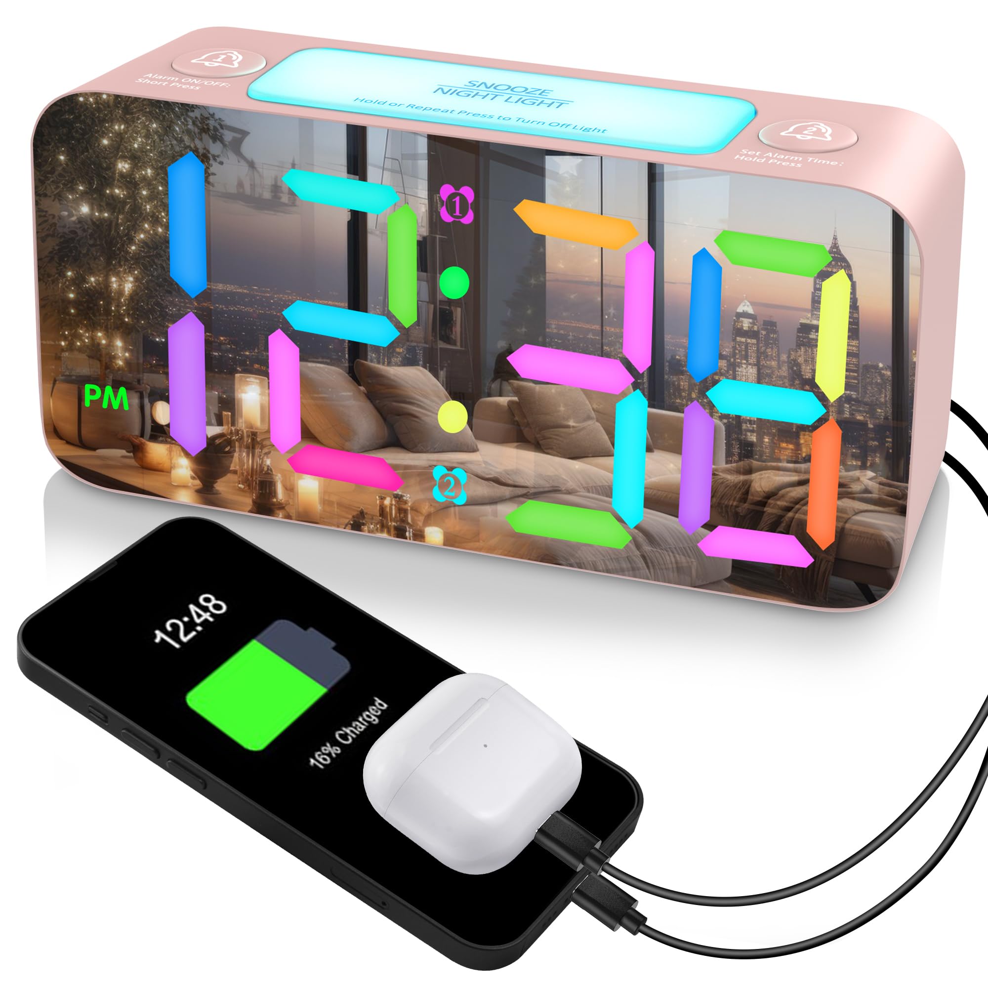 Amazon.com: RGB Mirror Alarm Clock for Girl Bedroom, 2 Alarms Loud LED ...