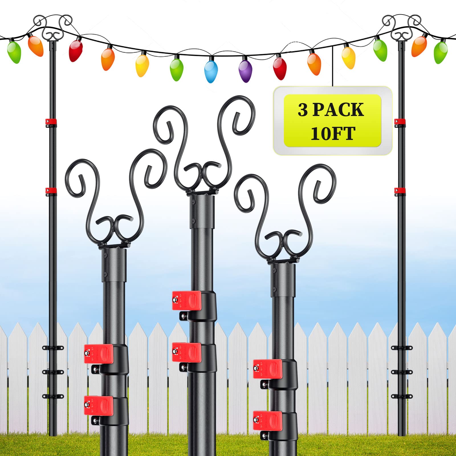 PGGP String Lights Poles for Outdoor - 3 Pack Adjustable 10ft Tall ...
